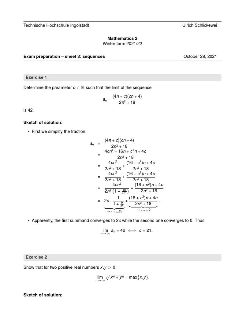 Exam Preparation Sheet 3 - Sequences With Solutions | PDF | Limit (Mathematics) | Sequence