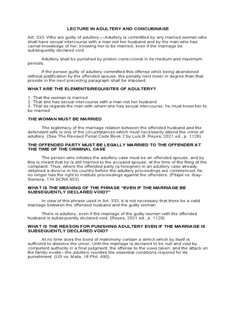2 Lecture in Adultery and Concubinage | PDF | Adultery | Husband