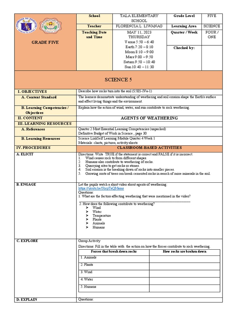 DLP SCIENCE Q4 W1 Day4 | PDF | Rock (Geology) | Weathering
