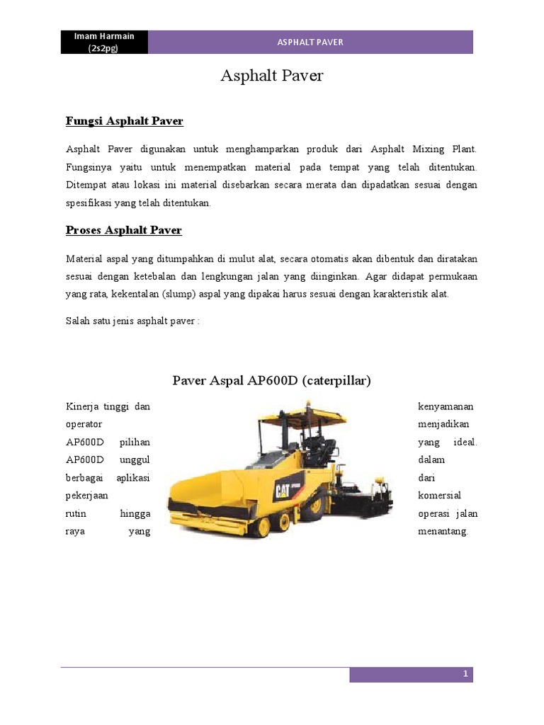 Spesifikasi dan Fungsi Asphalt Paver | PDF