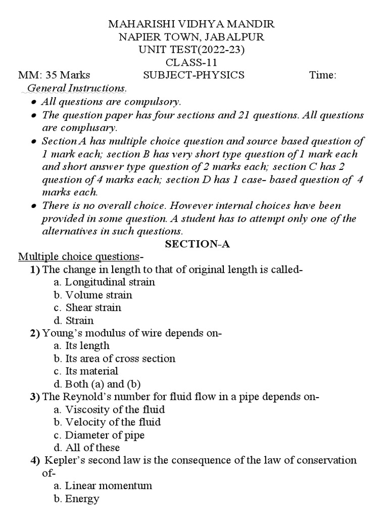 Sample Paper Physics Class 11 | Download Free PDF | Pascal (Unit ...