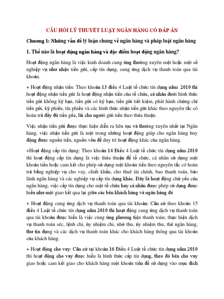 Cau Hoi Ly Thuyet Luat Ngan Hang Co Dap An PDF | PDF
