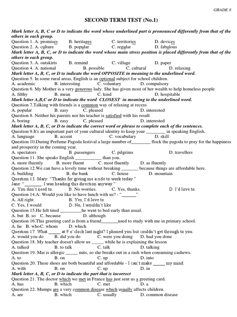 g8 - Second Term Test No1 | PDF