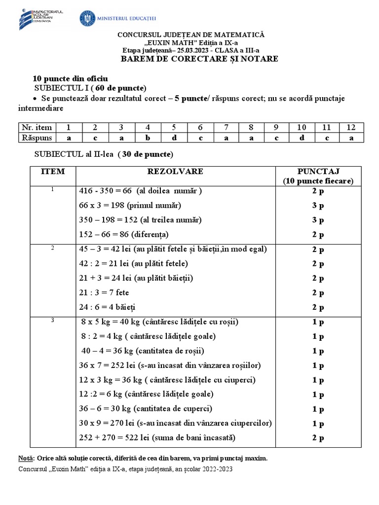 Barem Euxin - Math - Clasa A III-a, Etapa Județeană, 2023 | PDF