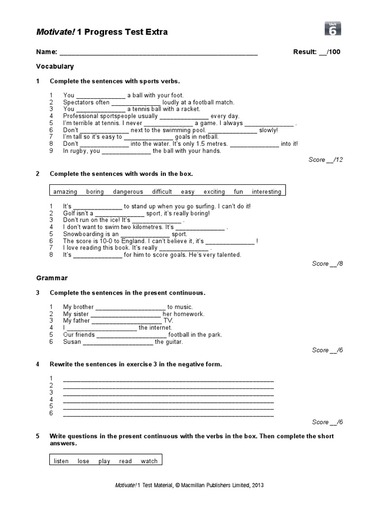 Motivate! 1 Test U6 Extra | PDF | Sports & Recreation