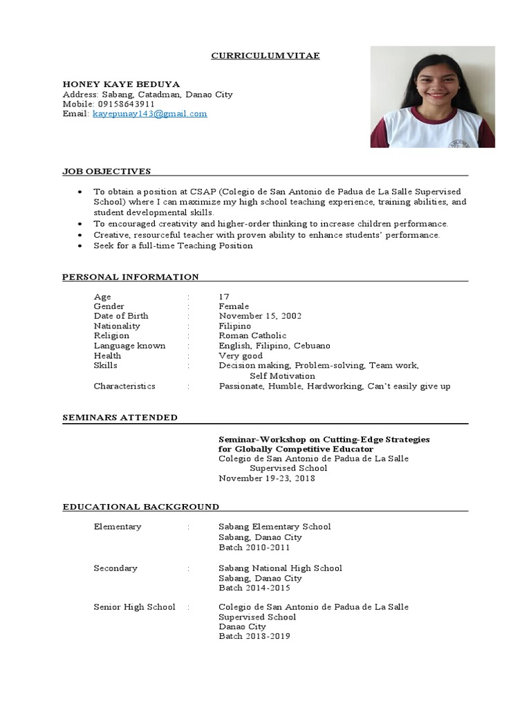 Curriculum Vitae Honey Kaye Beduya | PDF | Cognition | Learning