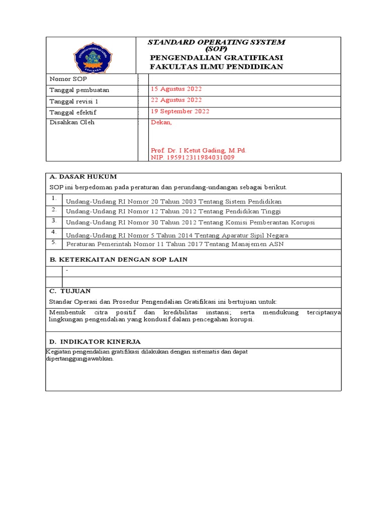 (Sop) Pengendalian Gratifikasi | PDF
