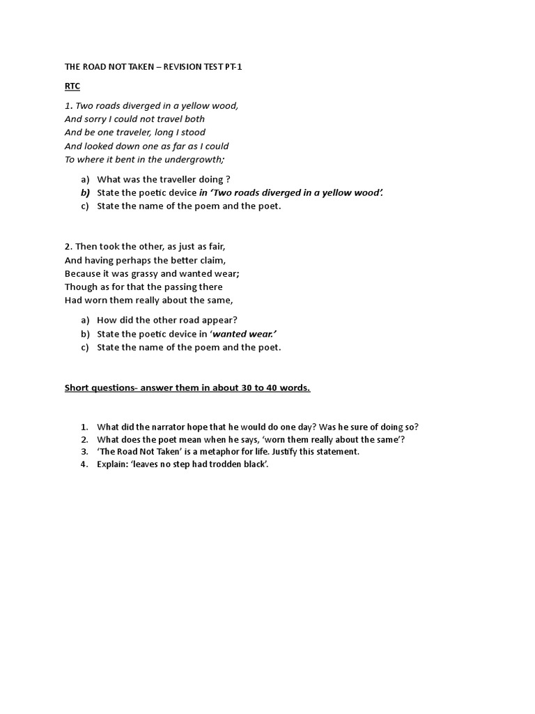 Road Not Taken: Revision Test Guide | PDF