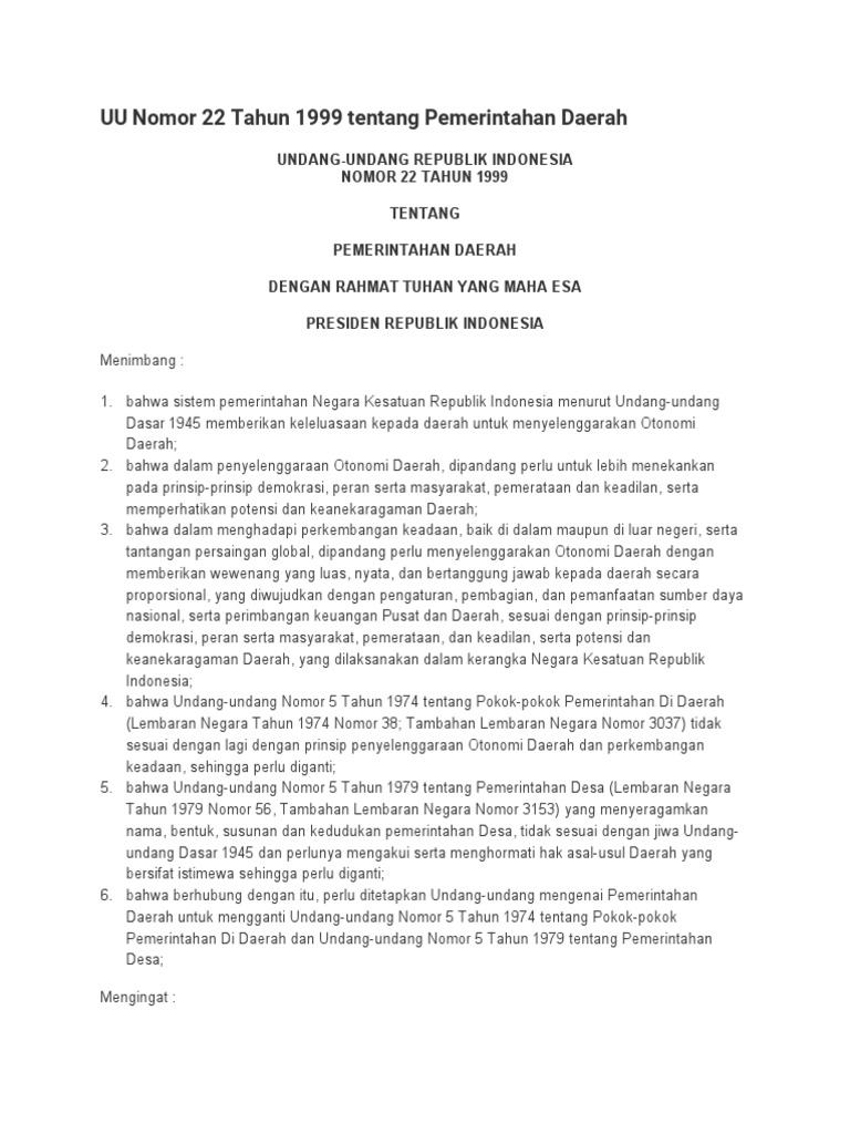 UU Nomor 22 Tahun 1999 Tentang Pemerintahan Daerah | PDF