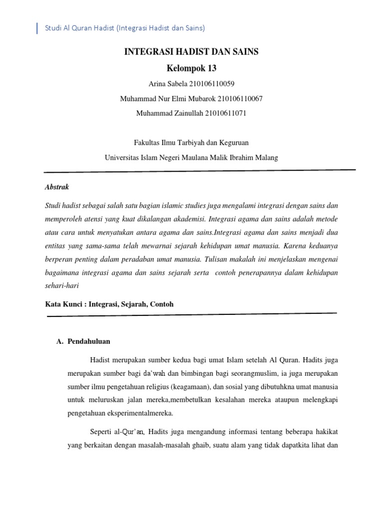 Integrasi Hadist Dan Sains | PDF | Agama & Spiritualitas