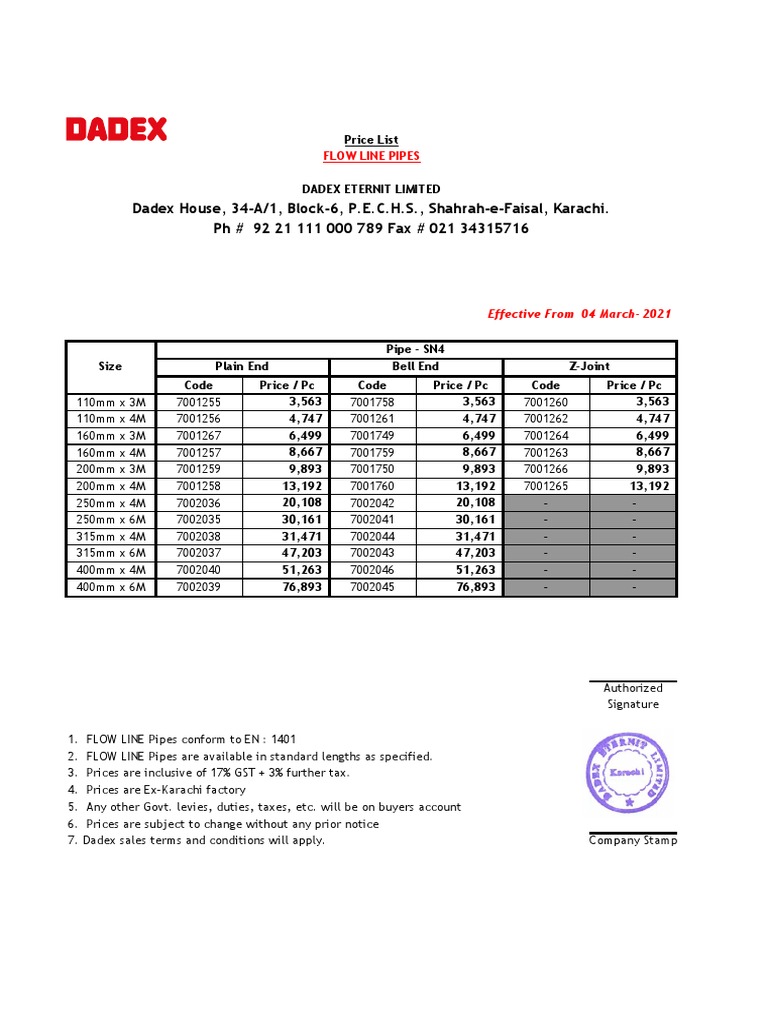 DADEX Flow Line Price List Mar '21 | PDF | Public Law | Taxes