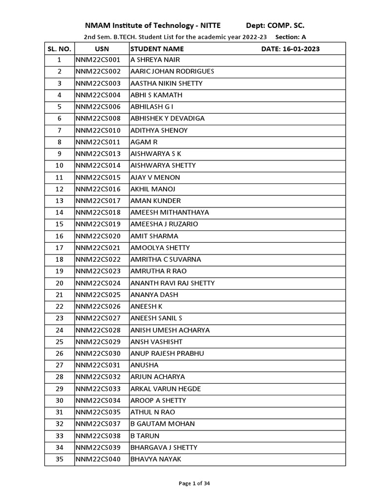 2nd Sem. B.Tech Section-Wise Student List For The Academic Year 2022-23 As On 13-01-2023) NSP ...