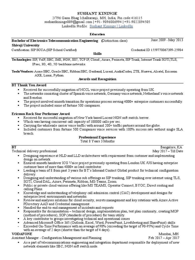 Sushant Kininge CV | PDF | Computer Network | Session Initiation Protocol