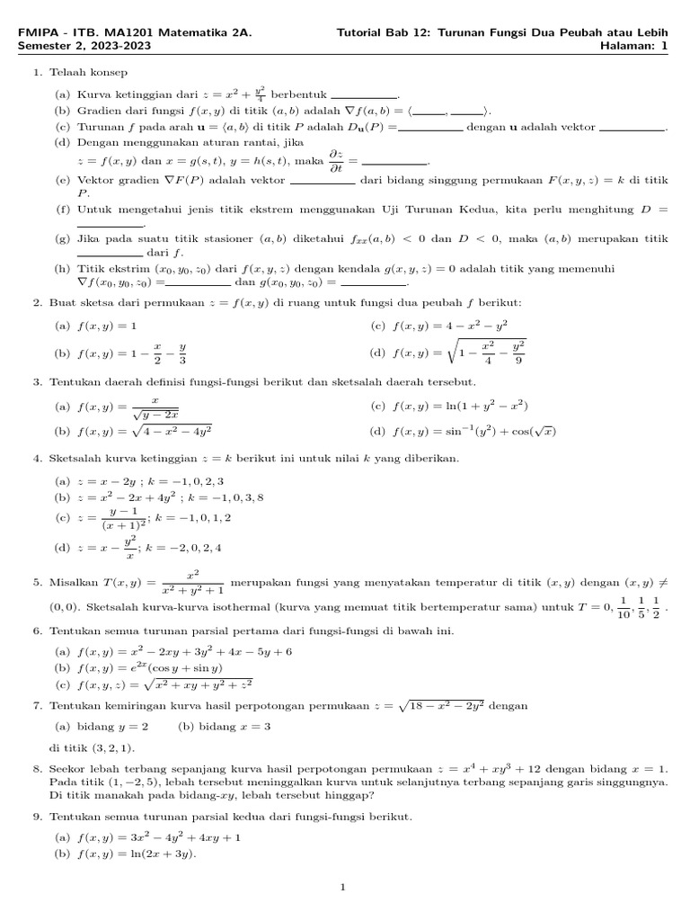 Tutorial - MA1201 - Bab - 12 - 2022 - 2023 Satu Kolom | PDF
