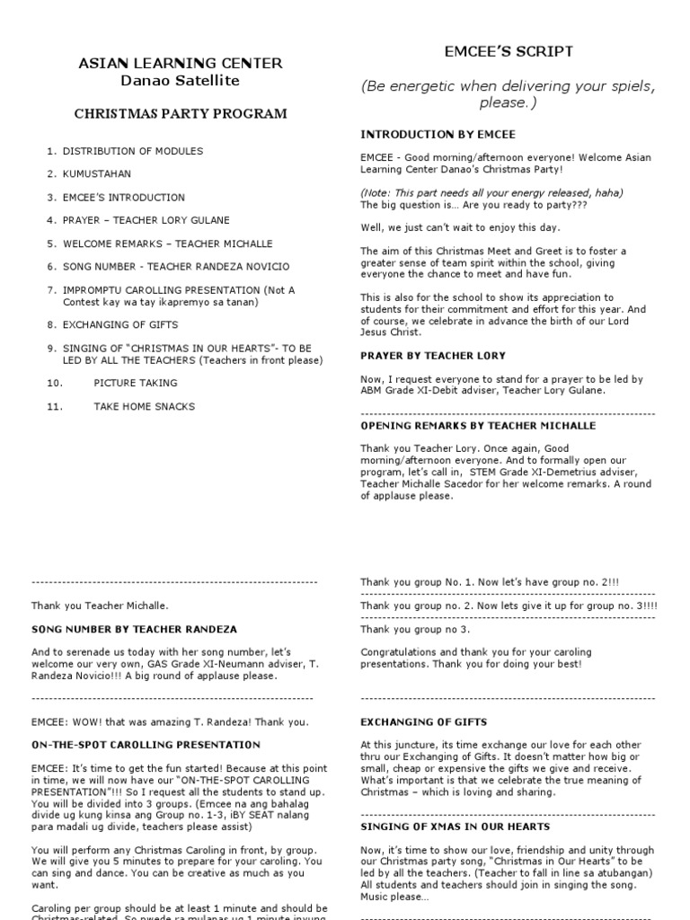 Christmas Party Program Alc Danao Emcee Script | PDF | Christmas