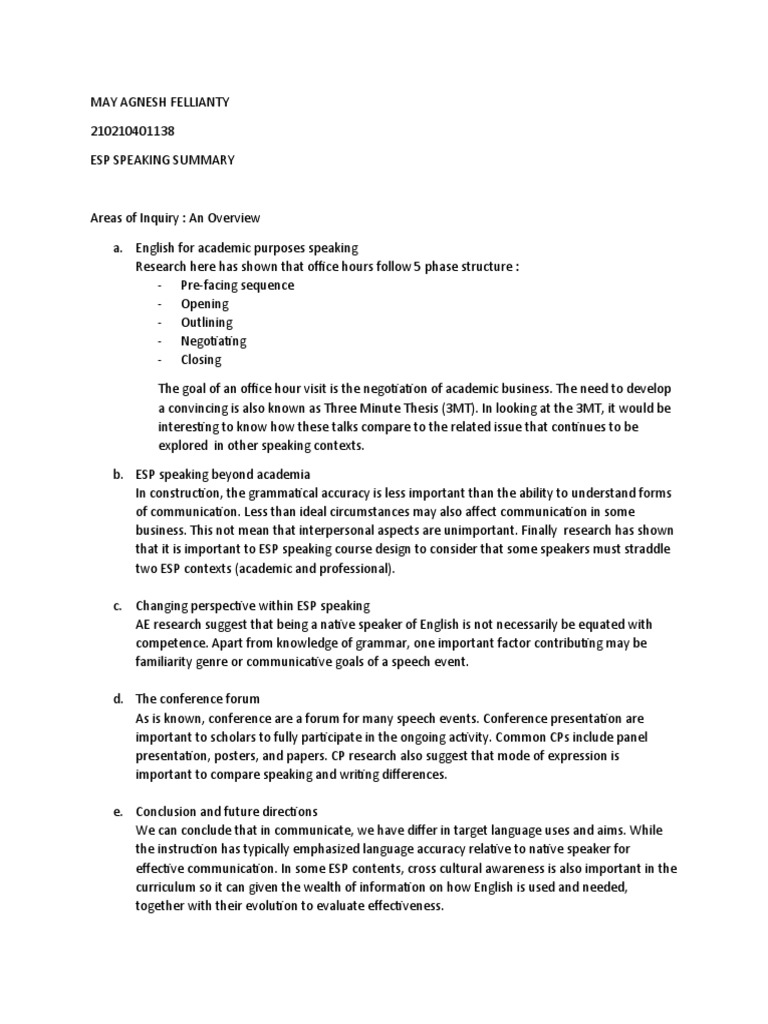 ESP Speaking Summary | PDF