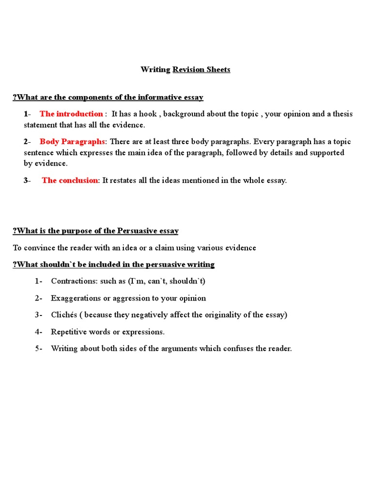Writing Revision Sheets-Grade 12 | PDF | Essays | Paragraph