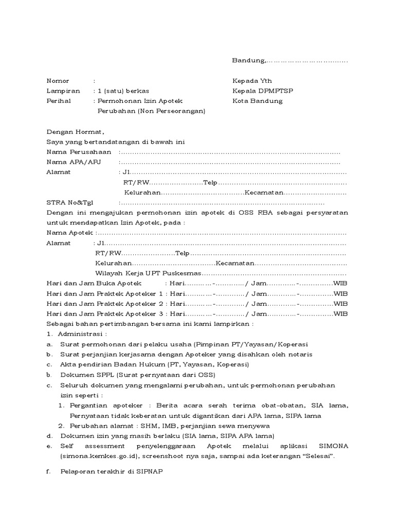 Form Permohonan Apotek Perubahan Izin Non Perseorangan (Pergantian Apoteker) - OSS | PDF