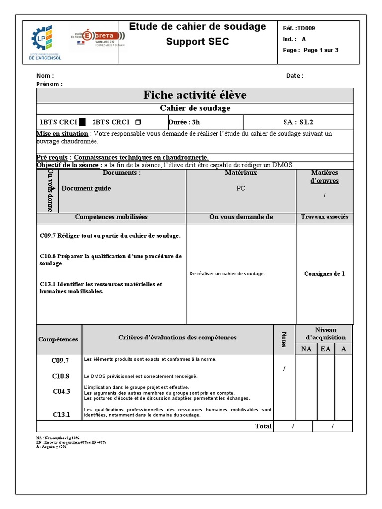 3 - Séquence Cahier de Soudage TD009 | PDF | Technologie et ingénierie