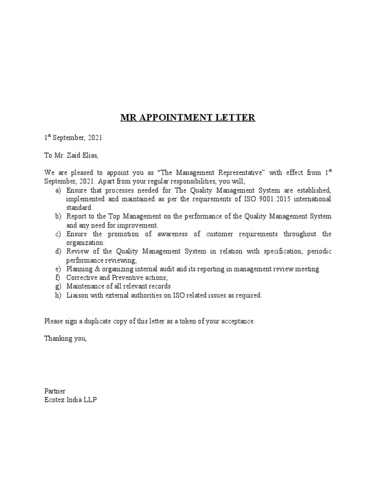 ISO 9001 MR Appointment Letter | PDF