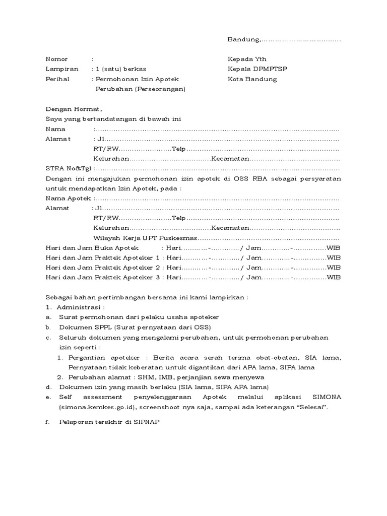 Form Permohonan Apotek Perubahan Izin Perseorangan (Pergantian Apoteker) - OSS | PDF