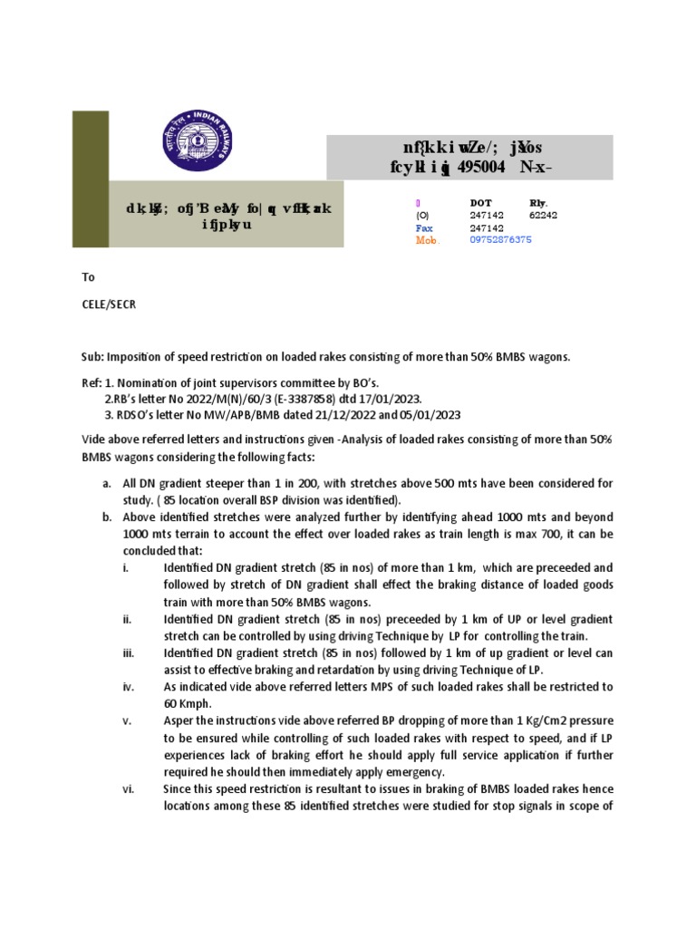 Speed restrictions for loaded rakes with over 50% BMBS wagons | PDF ...