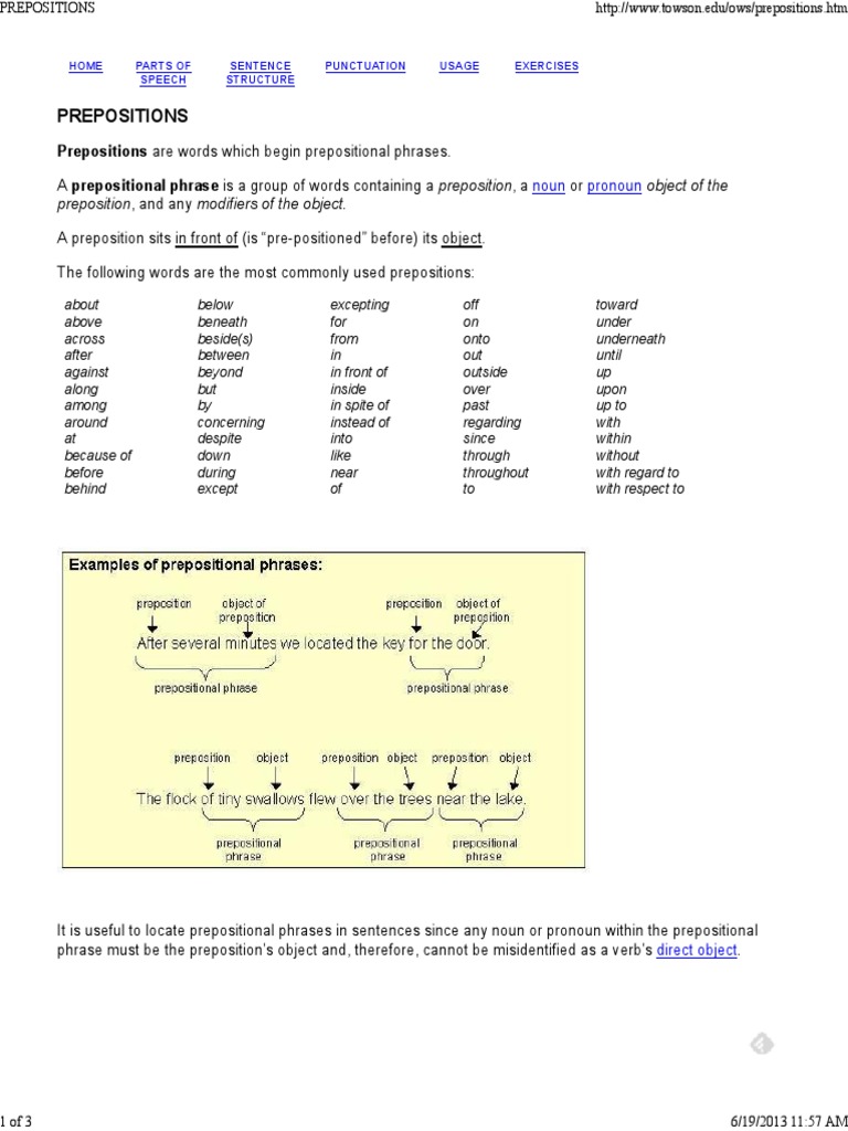 Prepositions Overview From Towson | PDF | Preposition And Postposition | Verb