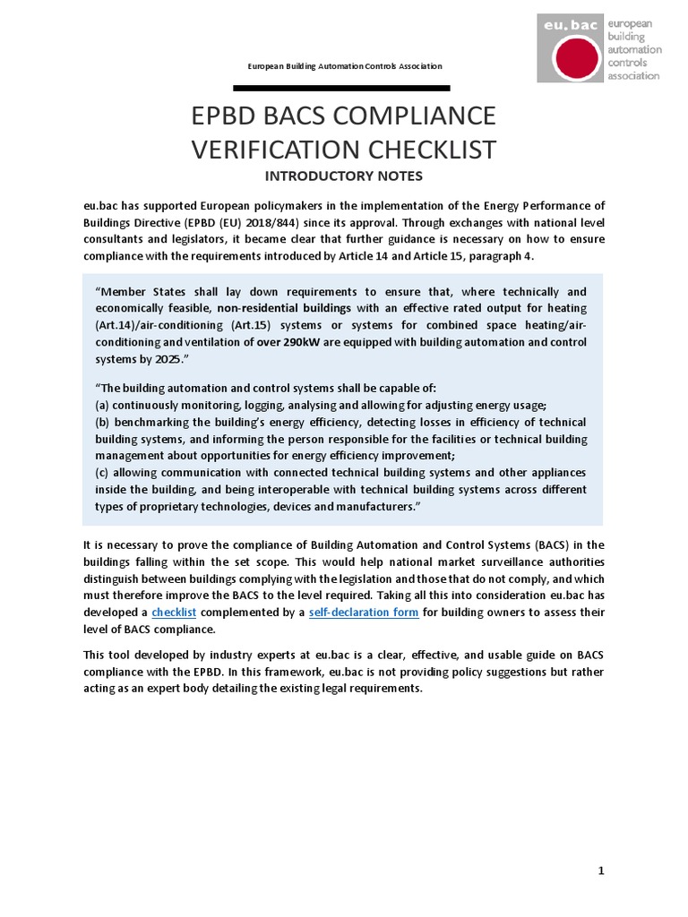 Epbd Bacs Compliance Verification Checklist Introductory Notes Pdf Verification And
