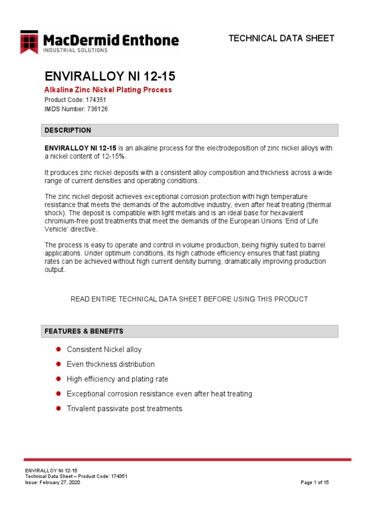 ENVIRALLOY Ni 12 15 ZINC NICKEL TDS | PDF | Chemistry | Titration