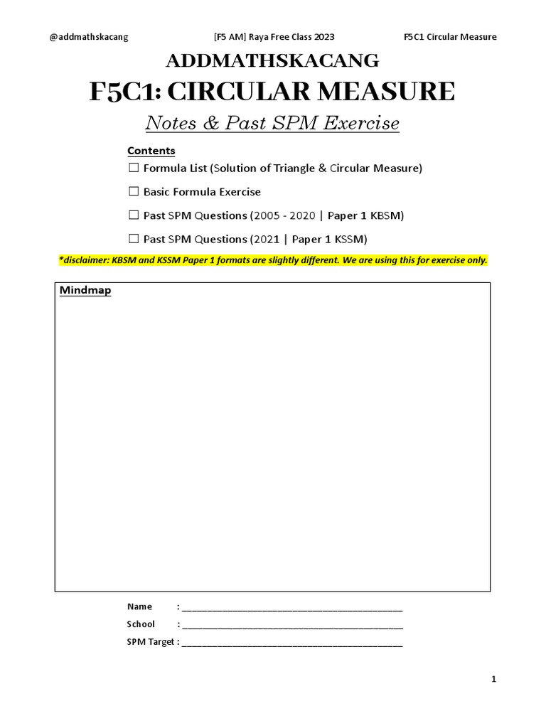 Addmath F5C1 Circular Measure (Raya Class '23) PDF | PDF | Area | Circle