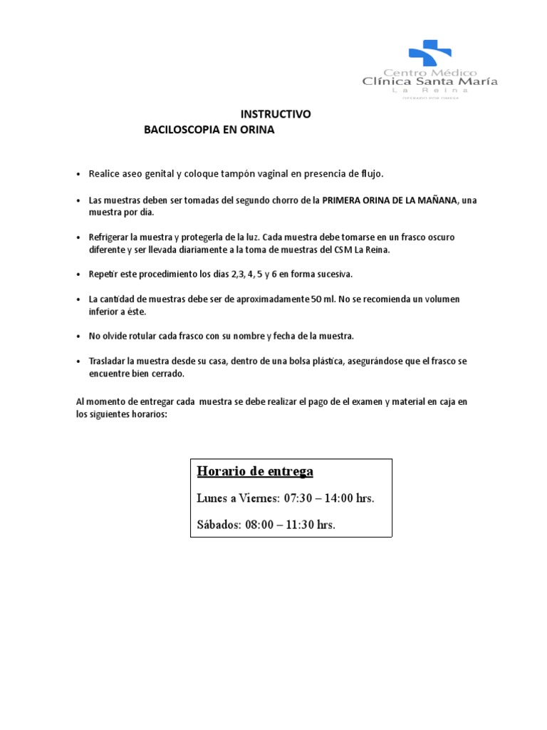 Baciloscopia en Orina: Instrucciones | PDF