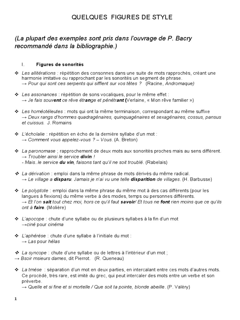 Figures de style : définitions et exemples | PDF | Mécanismes de la ...