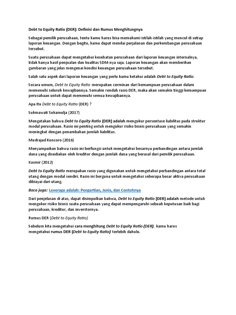 "Rumus dan Fungsi Debt to Equity Ratio" | PDF | Bisnis | Pengelolaan ...