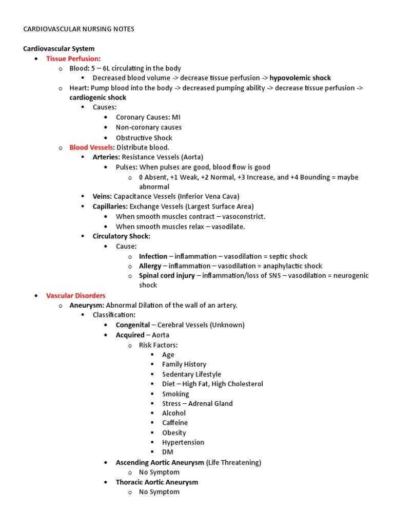 Cardiovascular Nursing Notes | PDF | Heart Valve | Heart