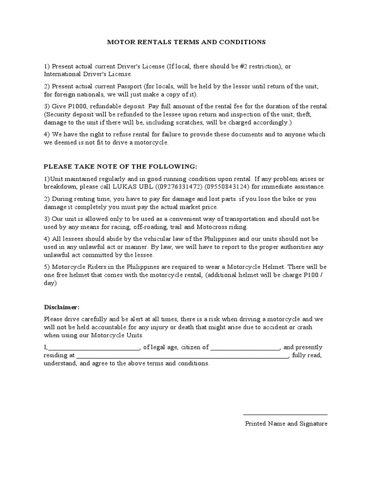 Motorcycle Rental Terms Guide | PDF