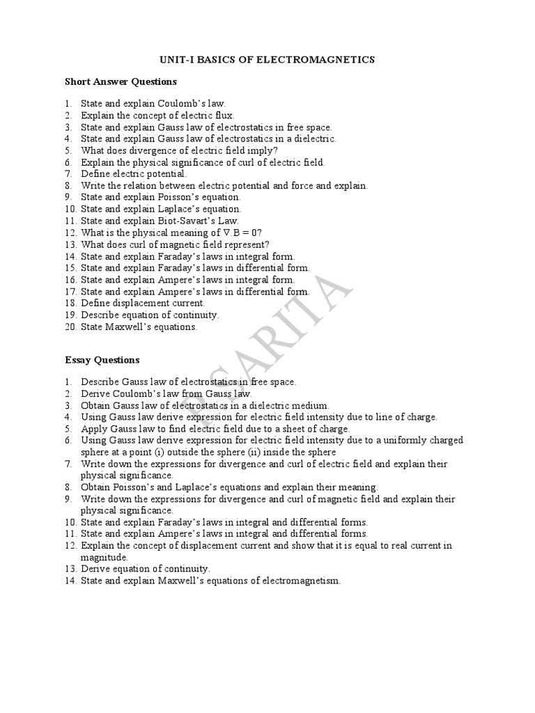 Questions On Unit I (Basics of Electromagnetics) | PDF | Electric Field ...