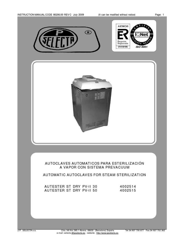 Selecta Autester ST Dry PV-II 30, 50 Autoclave - Service and User ... Selecta Autester ST Dry PV-II 30, 50 Autoclave - Service and User ...