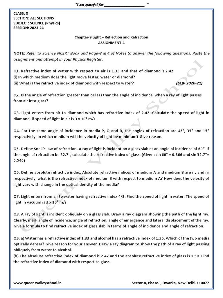 X - Science - Physics - Ch-9 Light - Assignment-4 | PDF | Refractive Index | Refraction