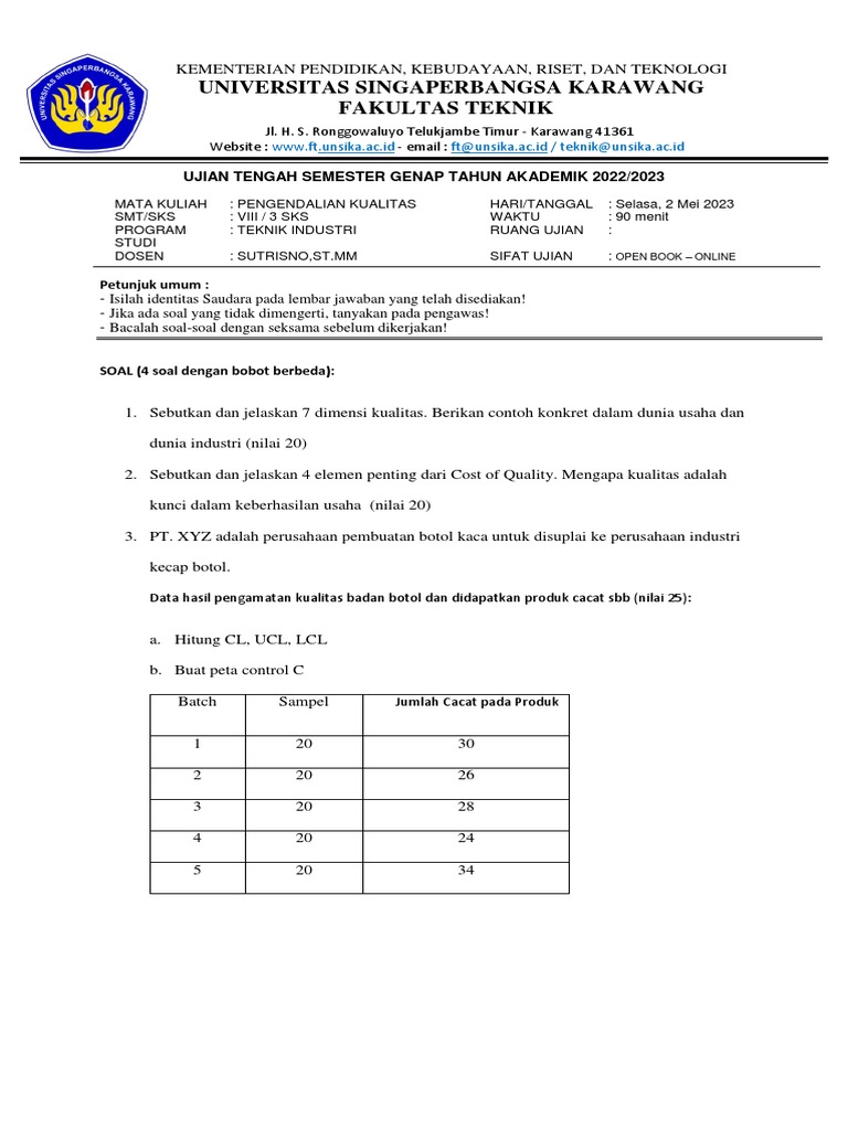 Soal - Teknik Industri - Pengendalian Kualitas - Sutrisno, ST - MM - Uts-2022-2023 PDF | PDF ...