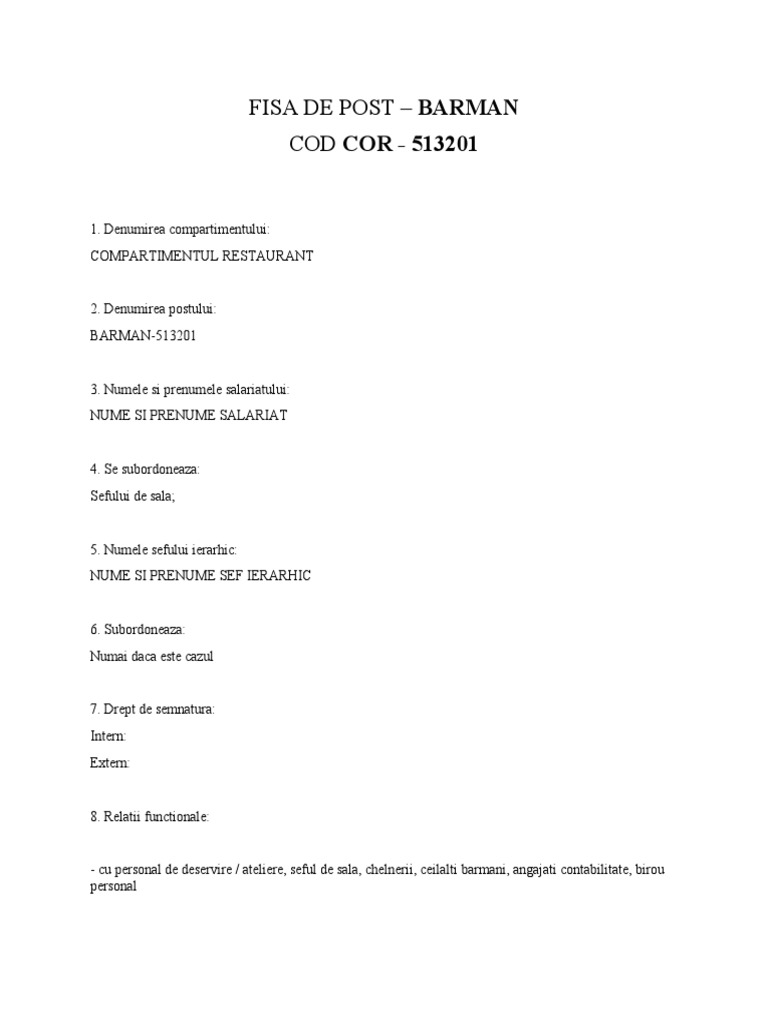 Fisa de Post Barman | PDF