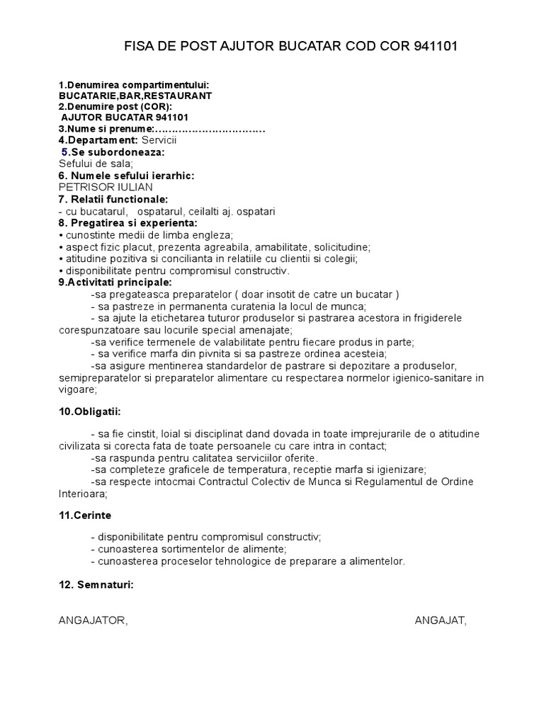 FISA DE POST AJUTOR BUCATAR | PDF