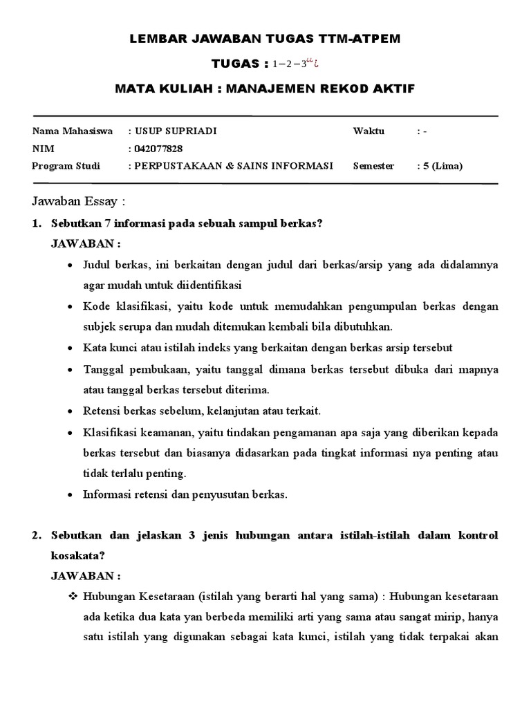 Tugas 3 - Manajemen Rekod Aktif - Usup Supriadi - 042077828 | PDF