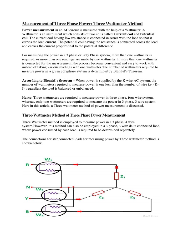 Three-Wattmeter Method of Three Phase Power Measurement | PDF