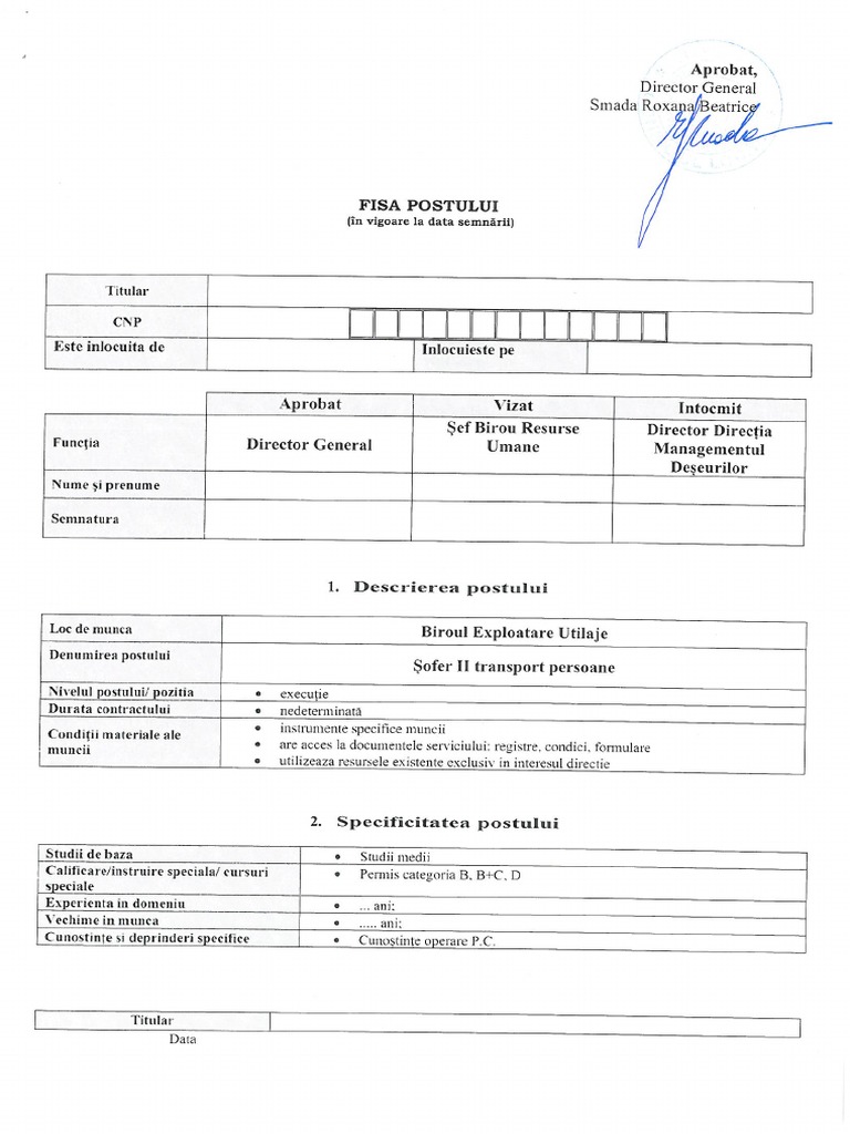 Fisa de Post Sofer | PDF