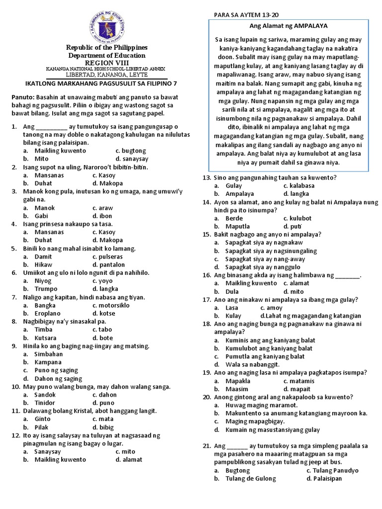 Exam Filipino 7 | PDF