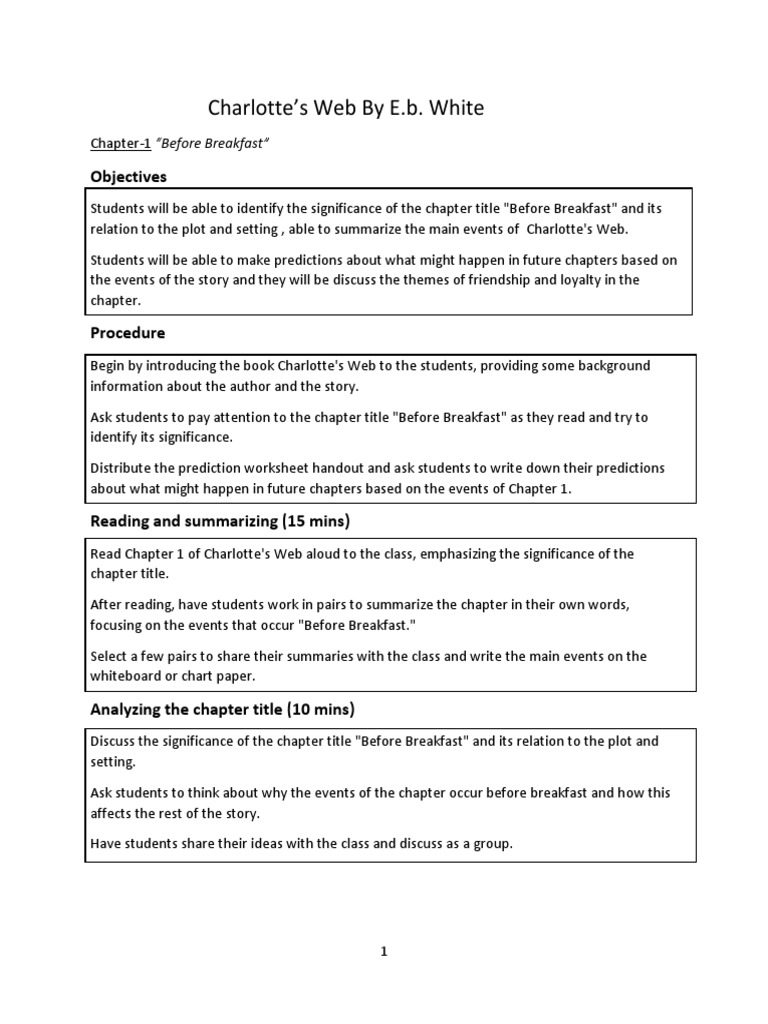 Charlotte's Web Chapter 1 Lesson Plan | PDF | Cognitive Science | Cognition