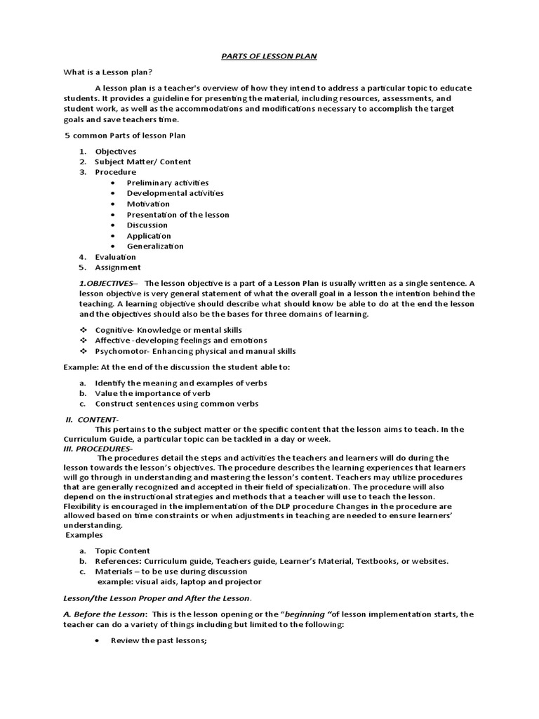 Parts of A Lesson Plan | PDF | Lesson Plan | Learning