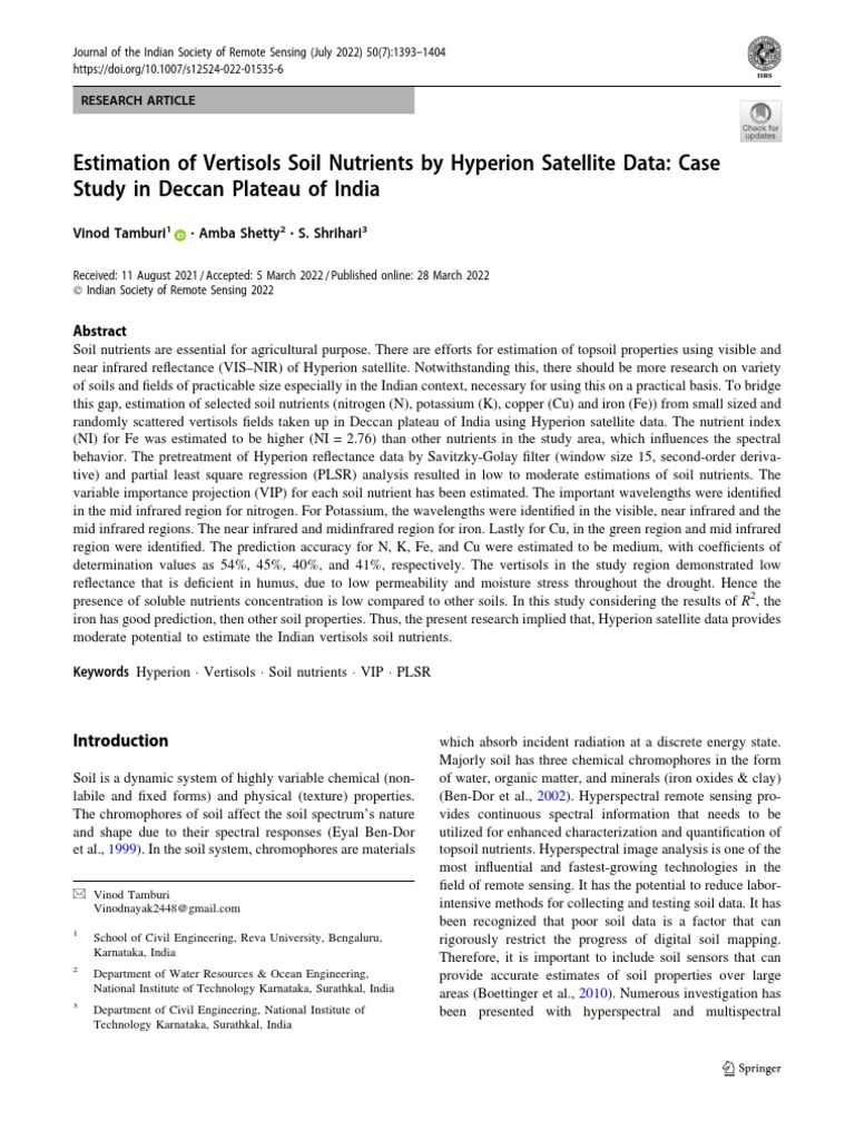 Estimation of Vertisols Soil Nutrients by Hyperion Satellite Data - Case Study in Deccan Plateau ...
