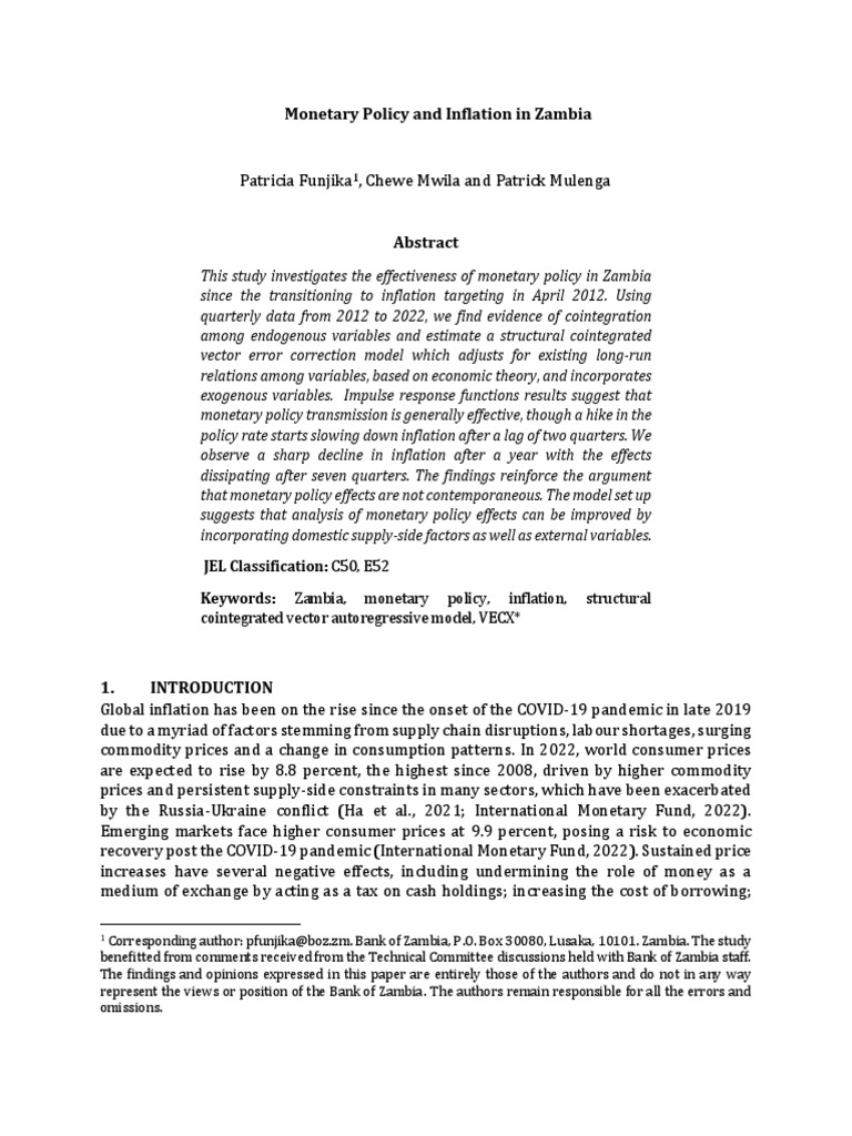 Monetary Policy and Inflation in Zambia: JEL Classification: C50, E52 ...