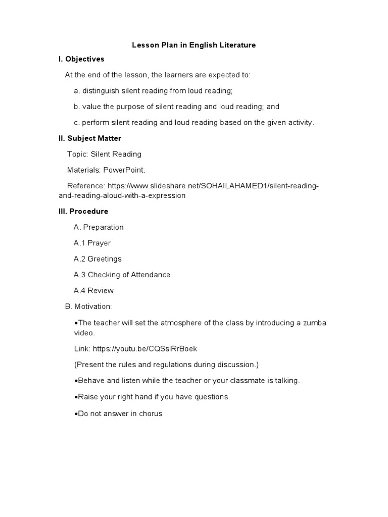 Lesson Plan Silent Reading and Loud Reading Final | PDF | Teachers ...